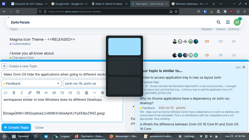 Make Zorin Os Hide The Applications When Going To Different Workspaces