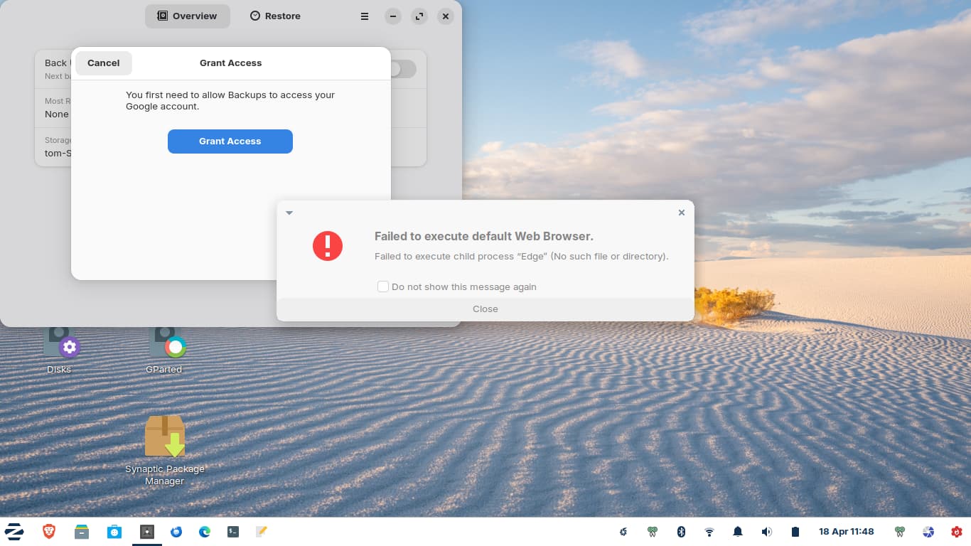 Backup on Zorin Lite cant find default browser to connect to Google ...